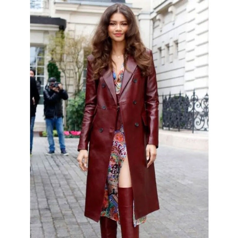American Singer Zendaya Burgundy Leather Trench Coat